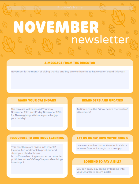 November Newsletter for Preschool or Daycare - Vanco