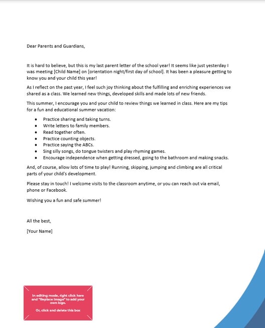 Preschool End of Year Letter to Parents - Free Templates | Vanco Care