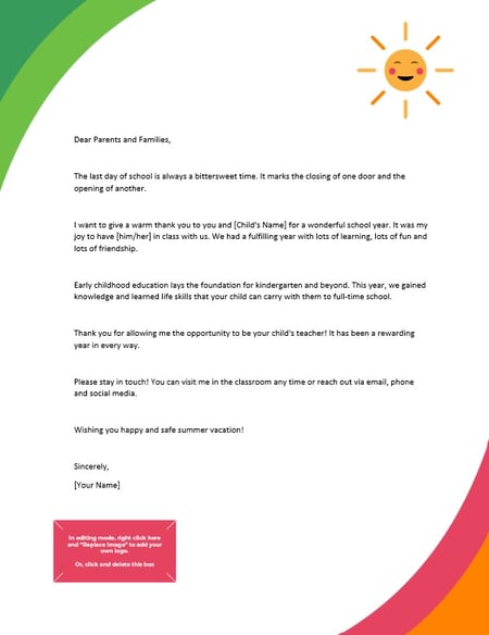 Preschool End of Year Letter to Parents - Free Templates | Vanco Care