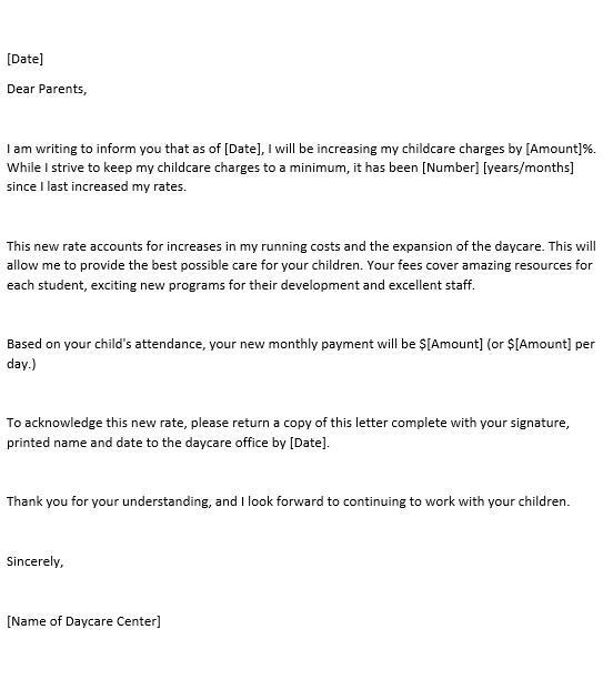 Daycare Tuition Increase Letter to Parents - Free Template | Vanco