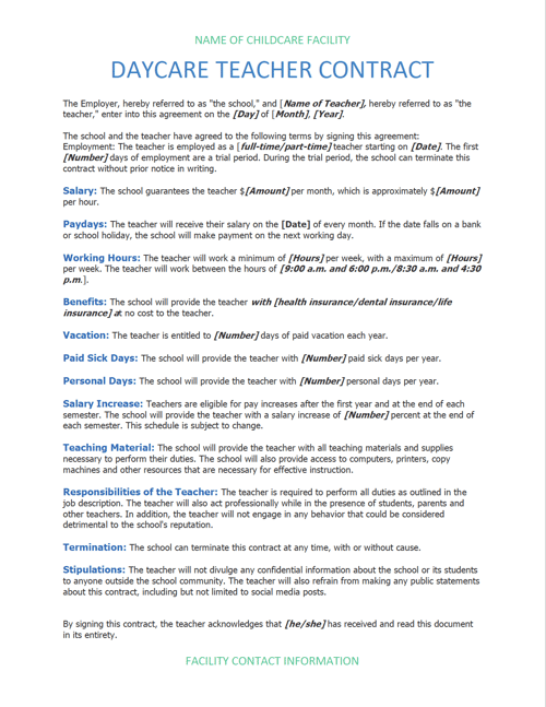 Free Preschool & Daycare Teacher Contract Template