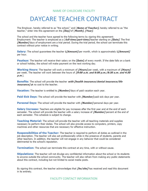 Free Preschool & Daycare Teacher Contract Template