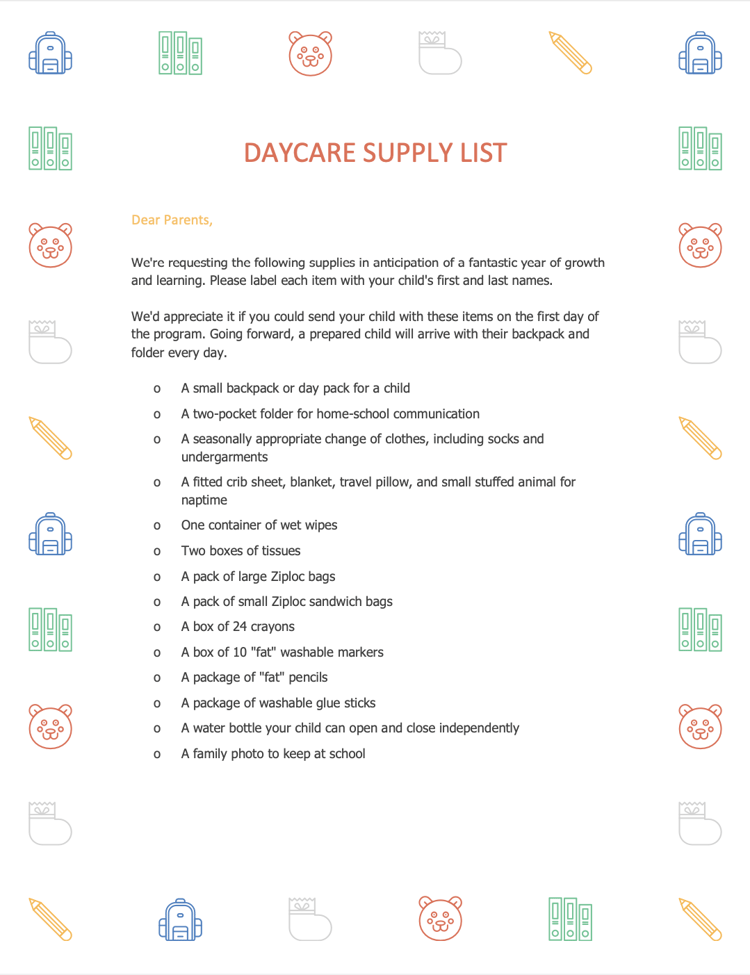 Free Daycare Supply List Templates, Samples & Guide