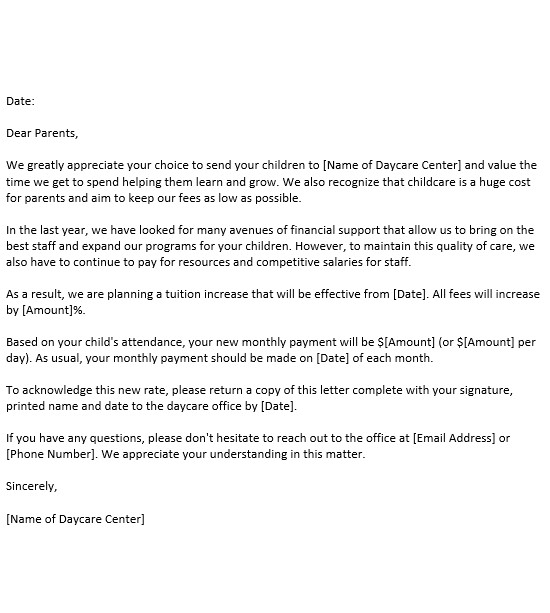 Daycare Tuition Increase Letter to Parents - Free Template | Vanco
