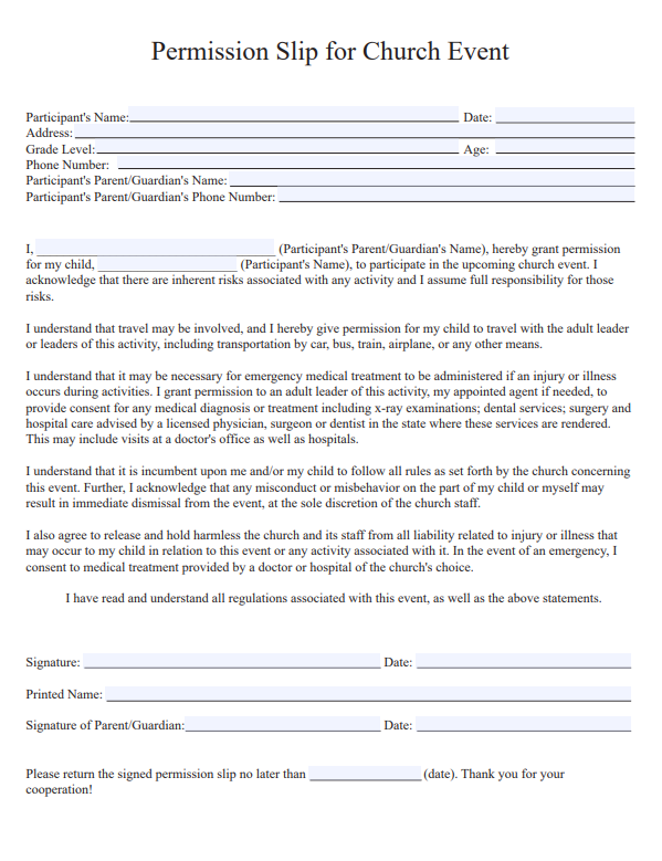 Free Permission Slip for Church Event Text & Template | Vanco