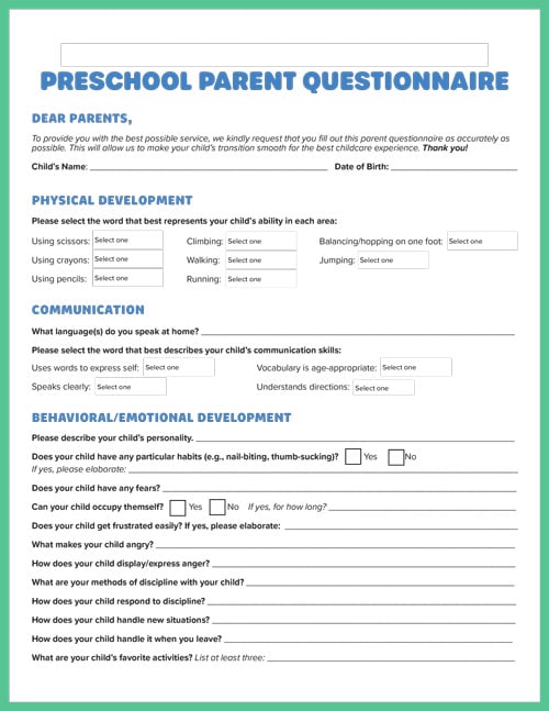 Free Parent Questionnaire for Preschool Template & Guide